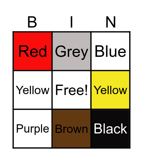 Colours Bingo Card