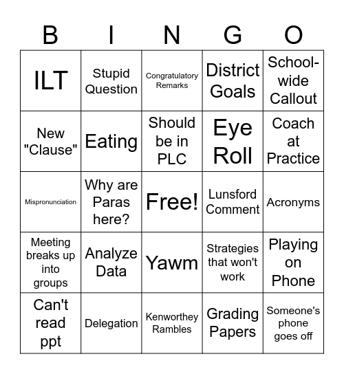 Clearwood's Faculty Meeting Bingo Card