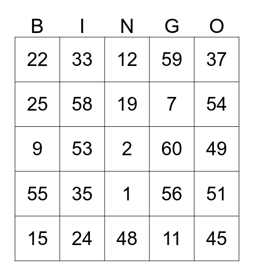Mandarin Numbers Bingo Card