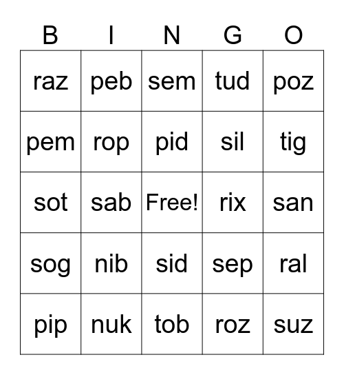 Nonsense Words Bingo Card