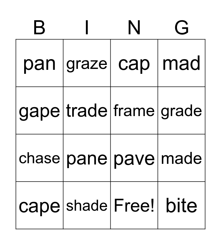 Silent e Bingo Card