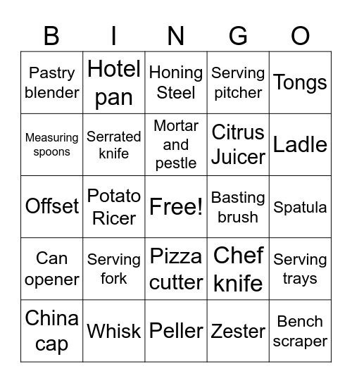 Kitchen Equipment Bingo Card