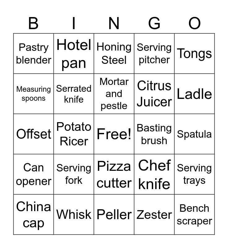 Kitchen Equipment Bingo Card