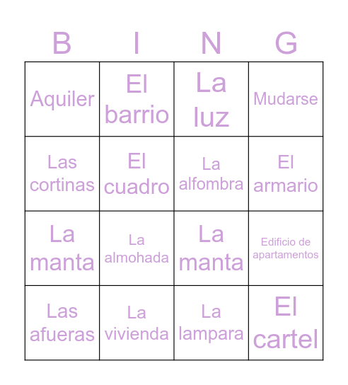 Vocabulario Bingo Card