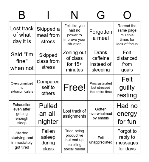 Burnout Bingo Card