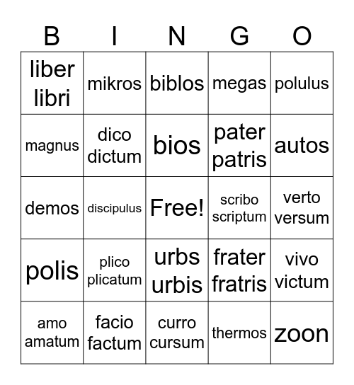 Word Roots 72-100 Bingo Card