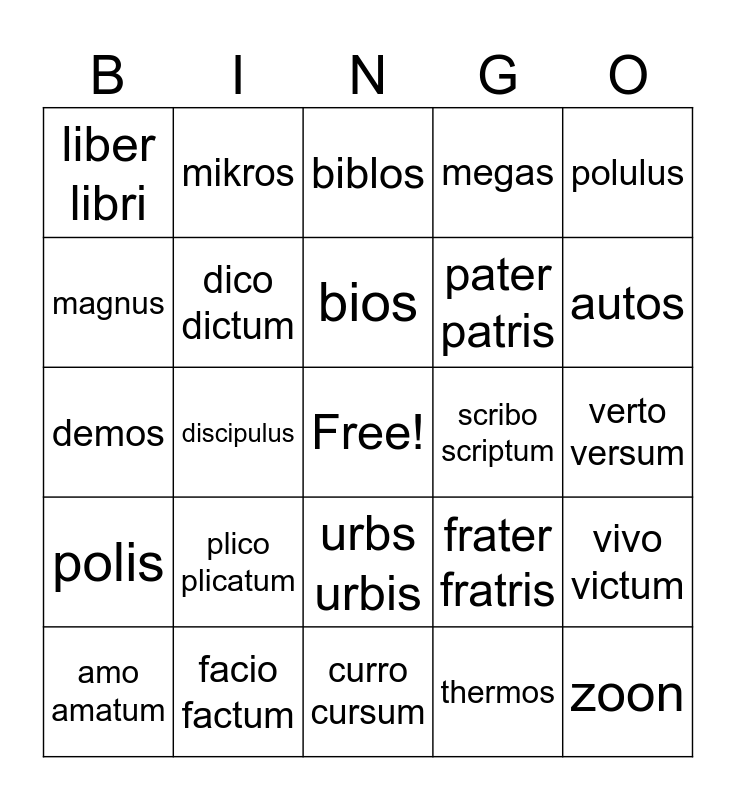 Word Roots 72-100 Bingo Card