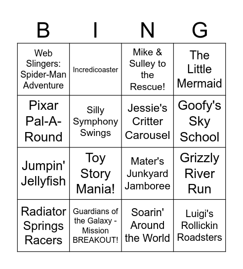 Disneyland California Adventure Ride Guess Bingo Card