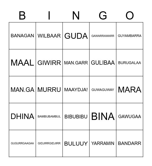 Gamilaraay Bingo Card