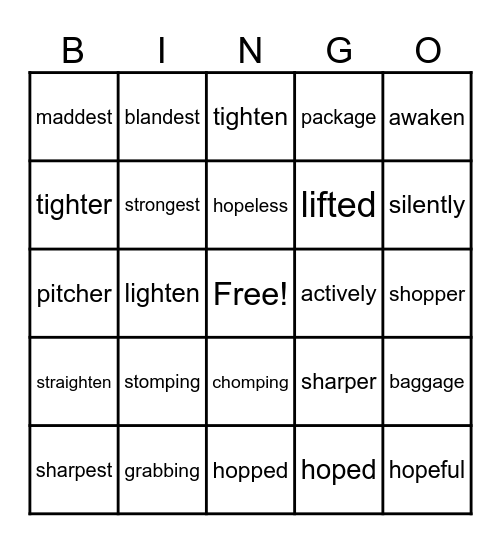 SUFFIXES #2 Bingo Card