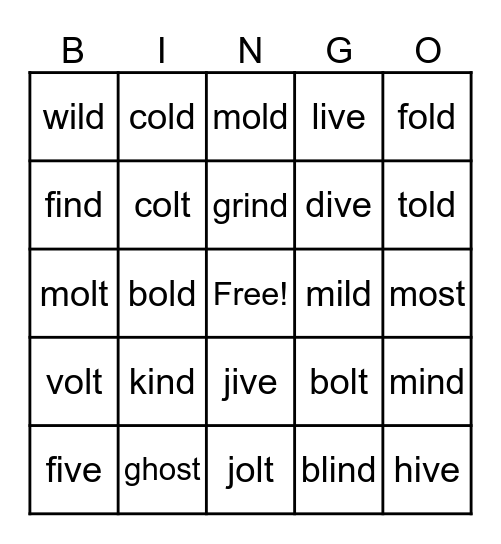 Closed Syllable Vowel Exception Bingo Card