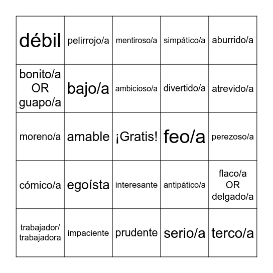 Lotería de Adjetivos Bingo Card