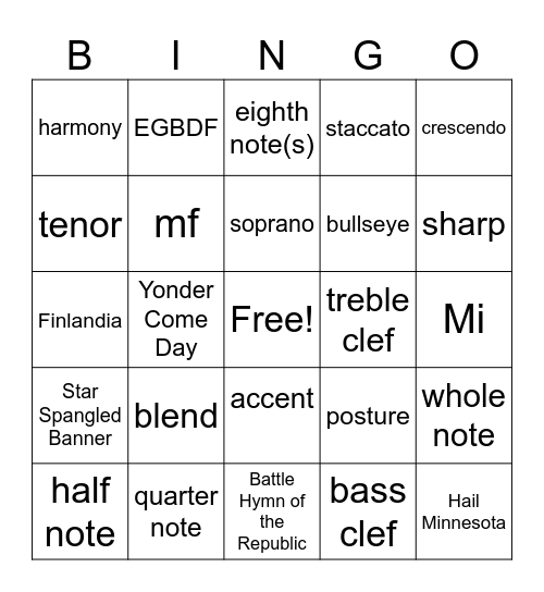 SOR Choir Bingo Card