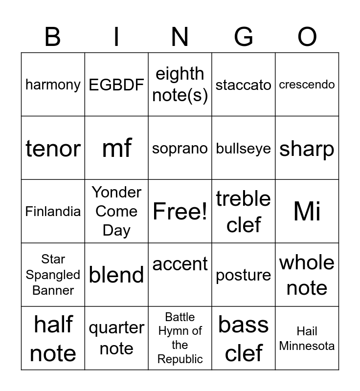 SOR Choir Bingo Card