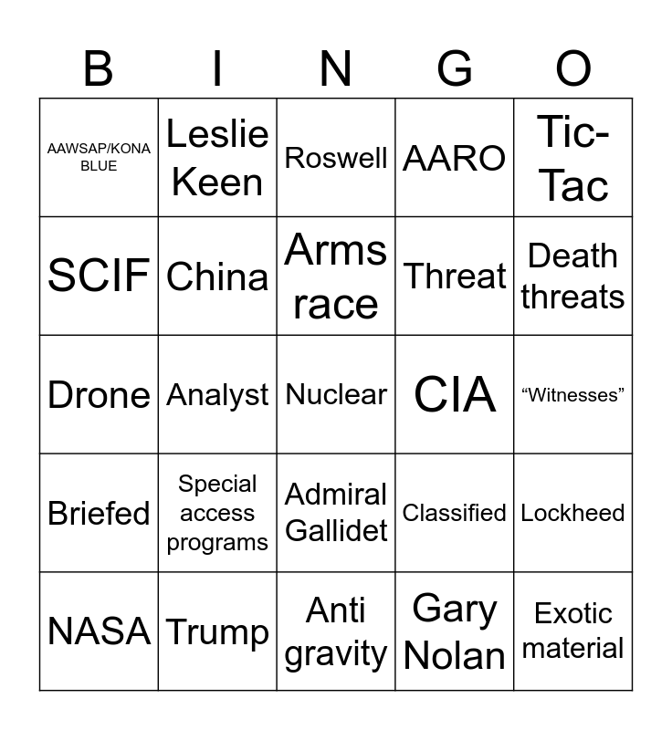 UFO/UAP Bingo Card