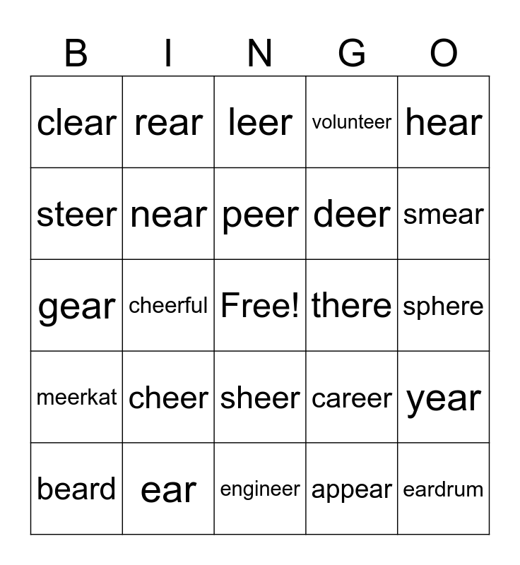 eer, ere, ear Bingo Card