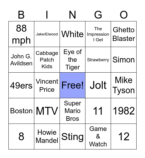 80's Trivia Bingo Card