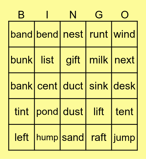 CVCC words Bingo Card