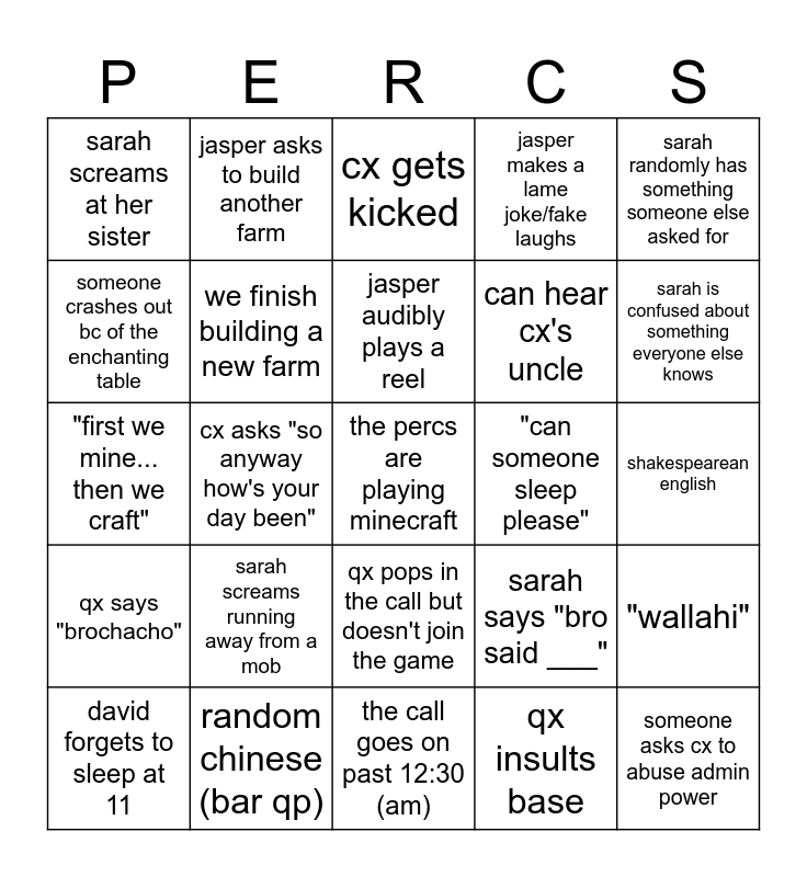 percs play mc Bingo Card