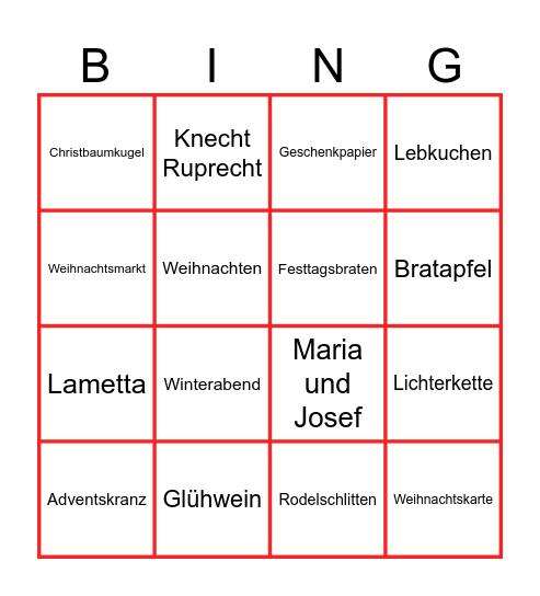 Weihnachtsbingo Haus Ronneburg Bingo Card
