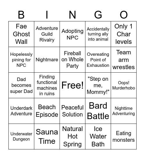 DnD Campaign Start Bingo Card