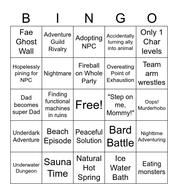 DnD Campaign Start Bingo Card