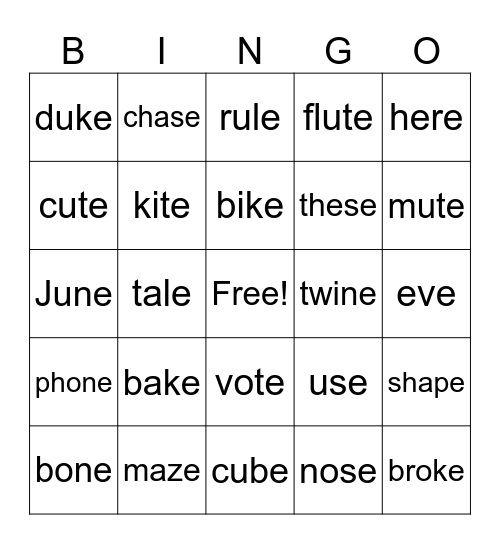 VCe Bingo Card