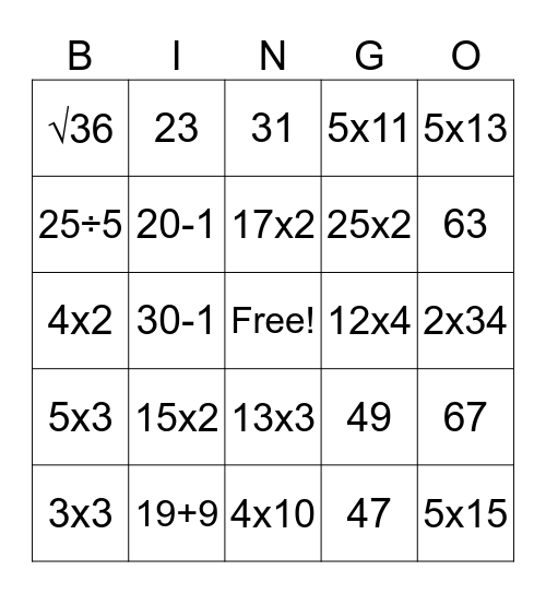 Math Bingo! Bingo Card