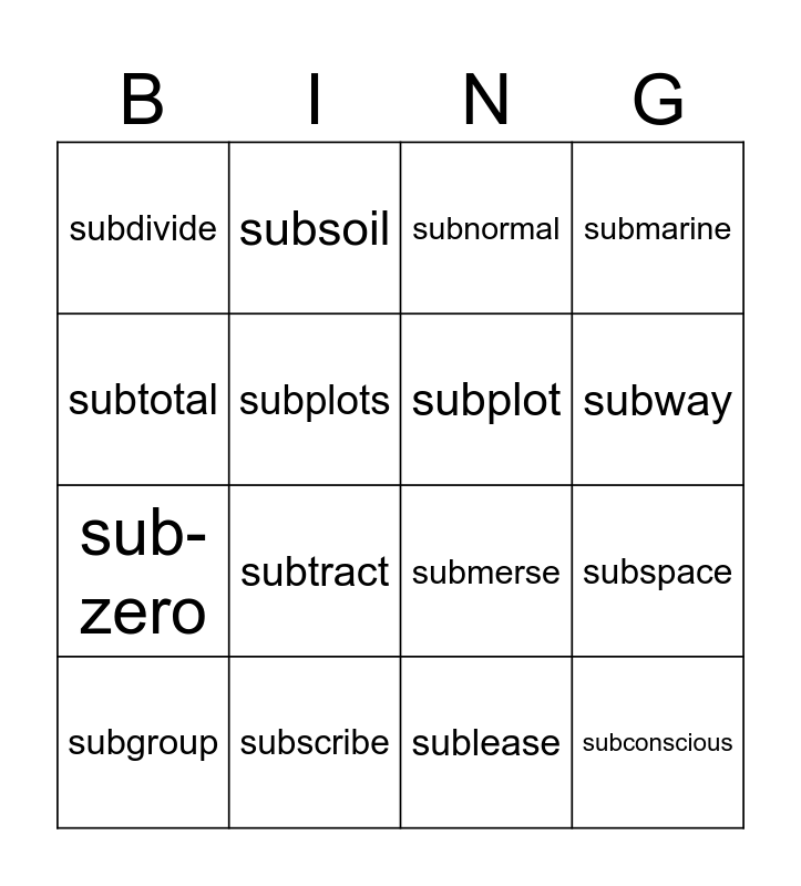 sub- Bingo Card