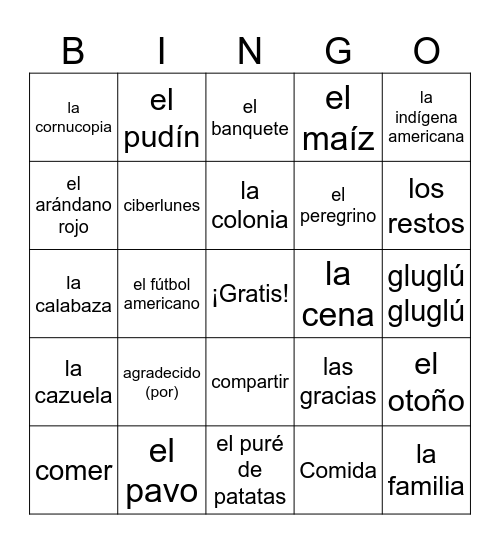 El Día de Acción de Gracias Bingo Card