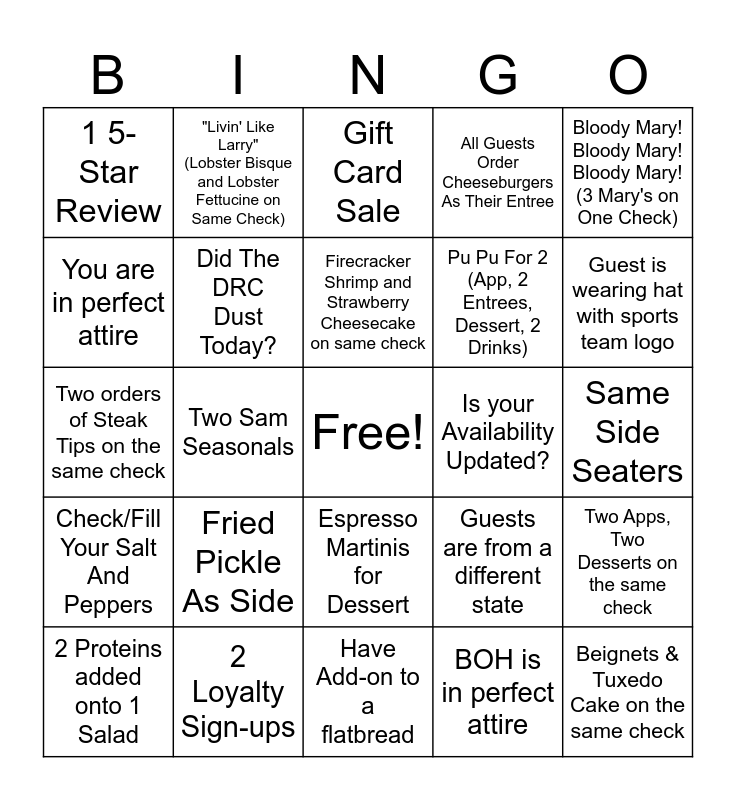 Stratham Lunch Bingo Card