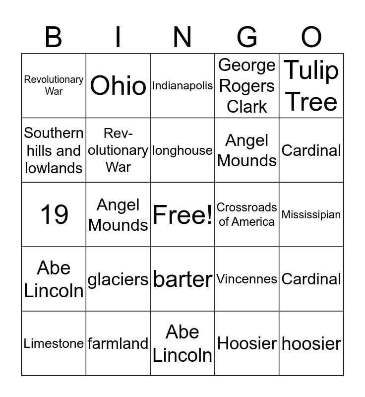 Indiana History Bingo Card