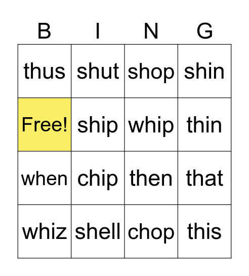 Digraph Bingo Card