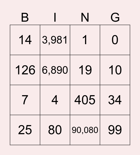 Numbers Bingo Card