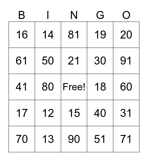 Tricky Number Bingo Card