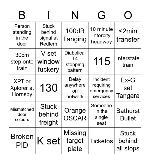 Sydney Trains Bingo Card