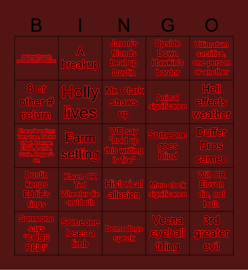 Stranger Things Bingo Card