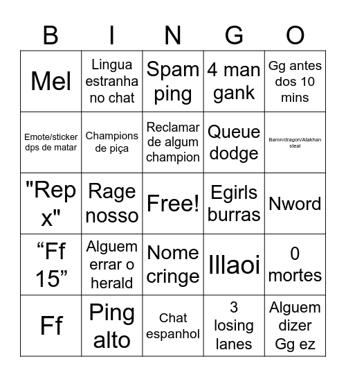 League of legends Bingo Card