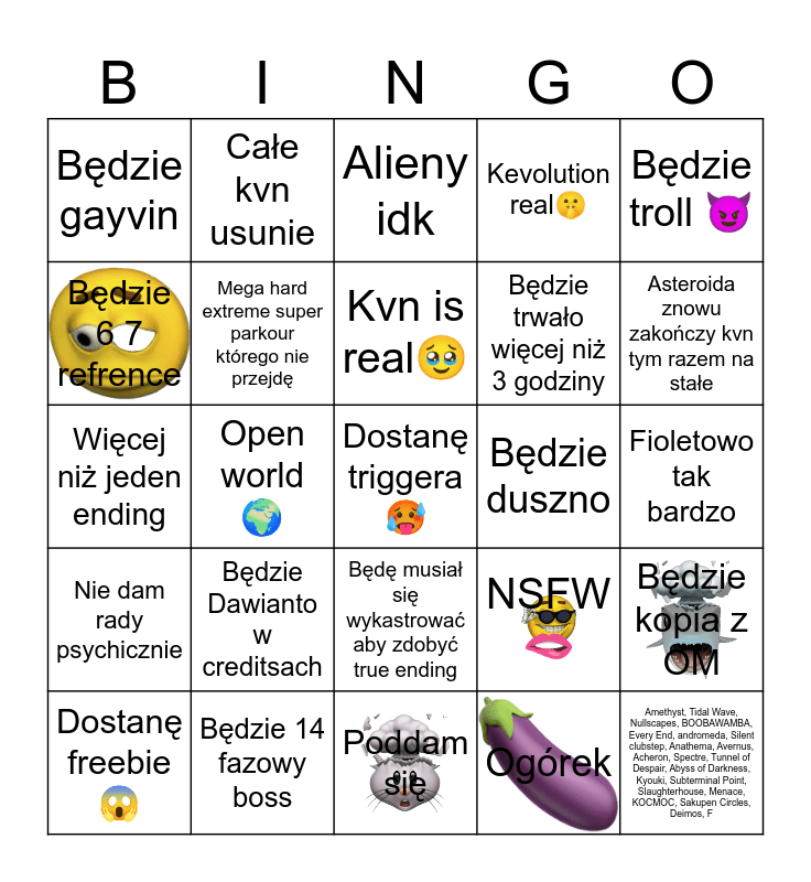 Kevolution Bingo Card