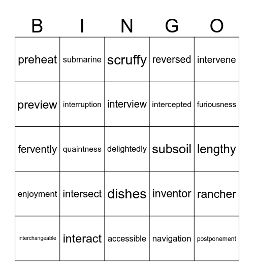 prefixes and suffixes Bingo Card