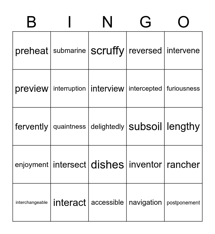 prefixes and suffixes Bingo Card