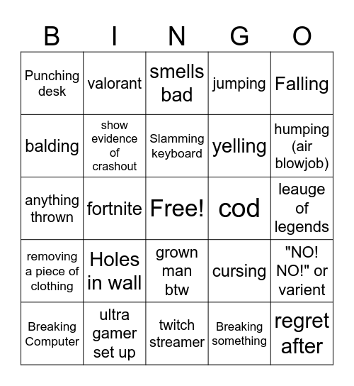 Gamer Rage Bingo Card