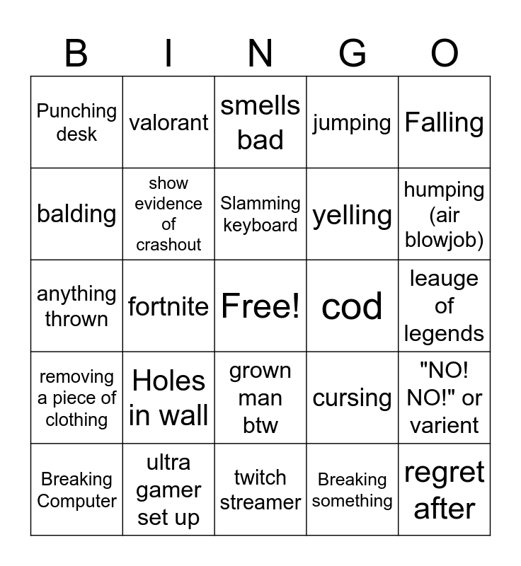Gamer Rage Bingo Card