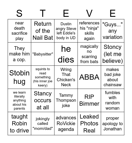 Steve Harrington S5 Bingo Card