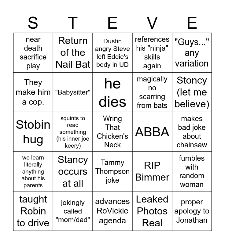 Steve Harrington S5 Bingo Card