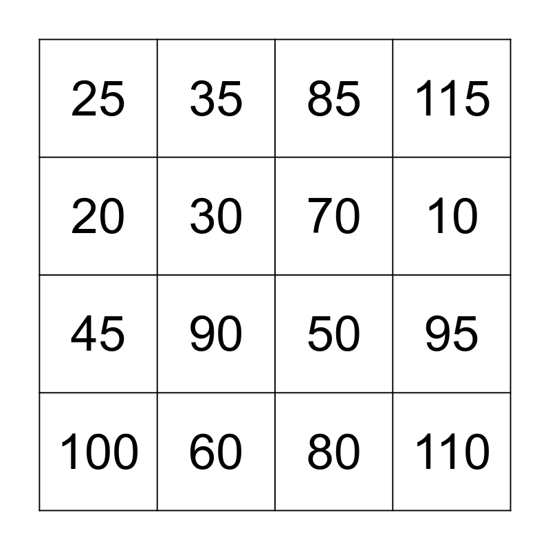 Multiples of 5 Bingo Card
