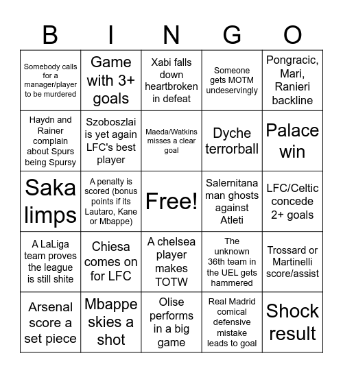 Special Squad Europe Matchday Bingo Card