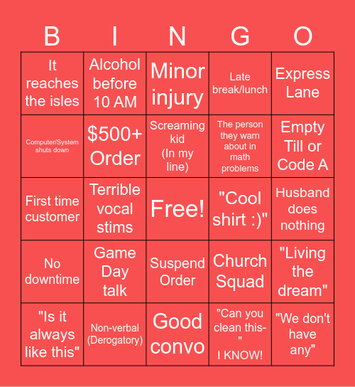 HEB Sunday Shift BINGO Card