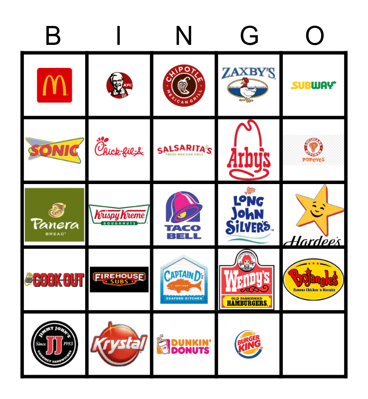 Fast Food Bingo Card