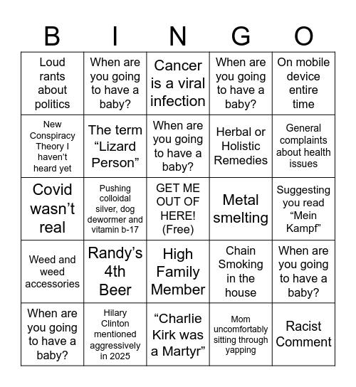 Dysfunctional Family Bingo Card